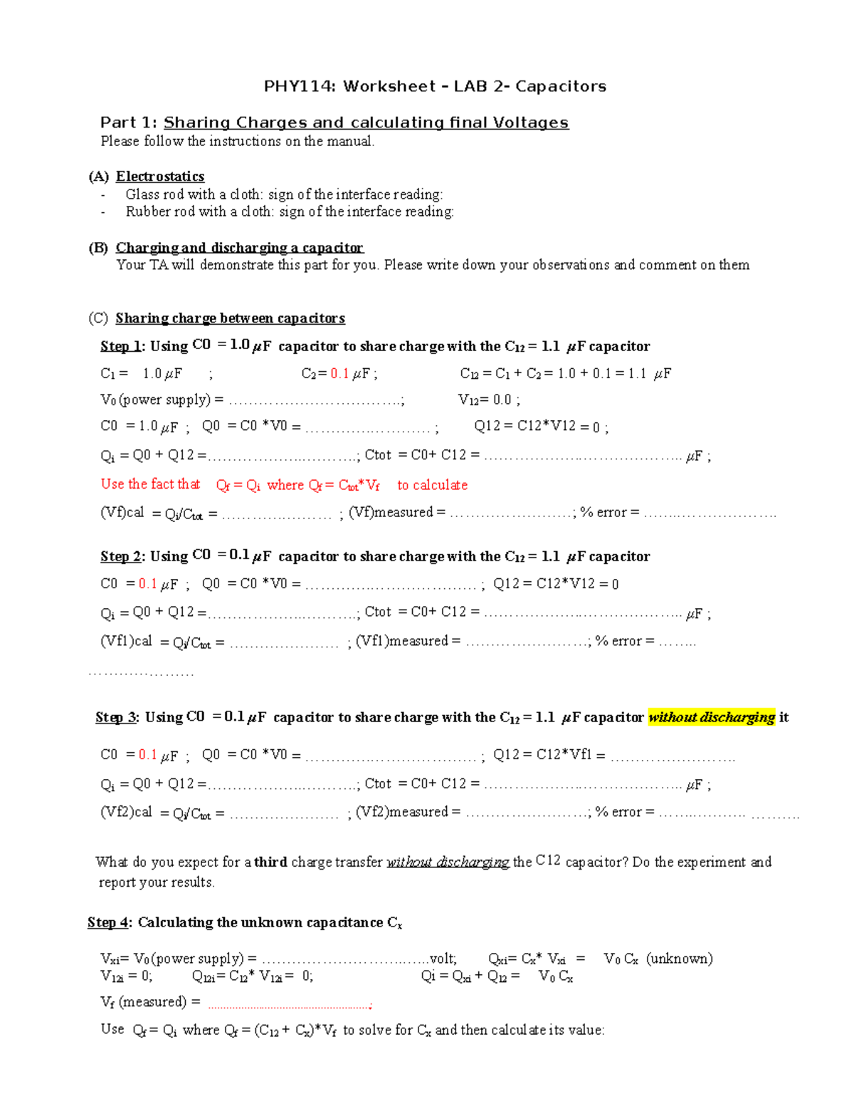 Worksheet PHY114 Capacitors X - PHY114: Worksheet LAB Capacitors Part 1 ...