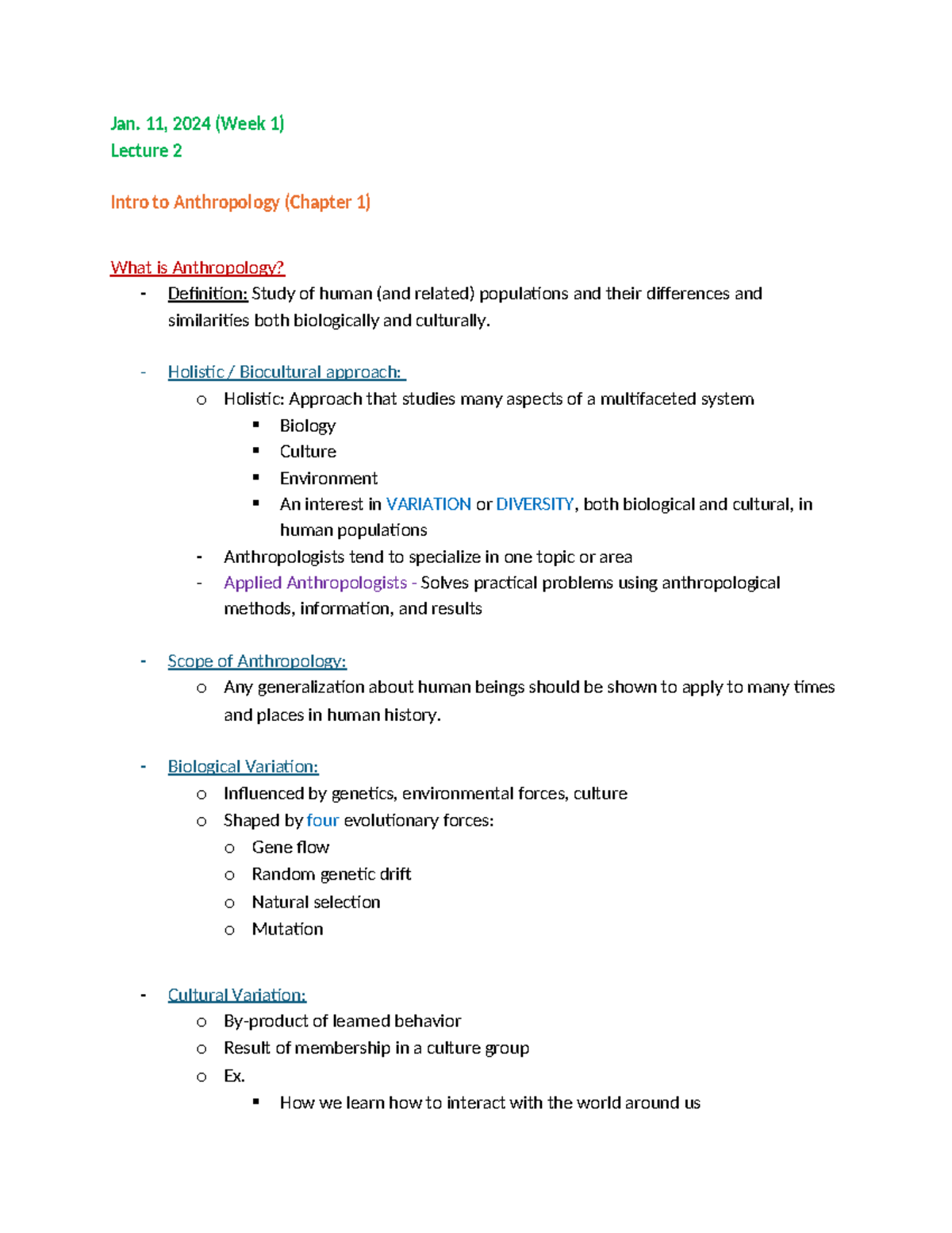 ANTH 1210 Week 1 - Week 1 - Jan. 11, 2024 (Week 1) Lecture 2 Intro to Anthropology (Chapter 1 ...