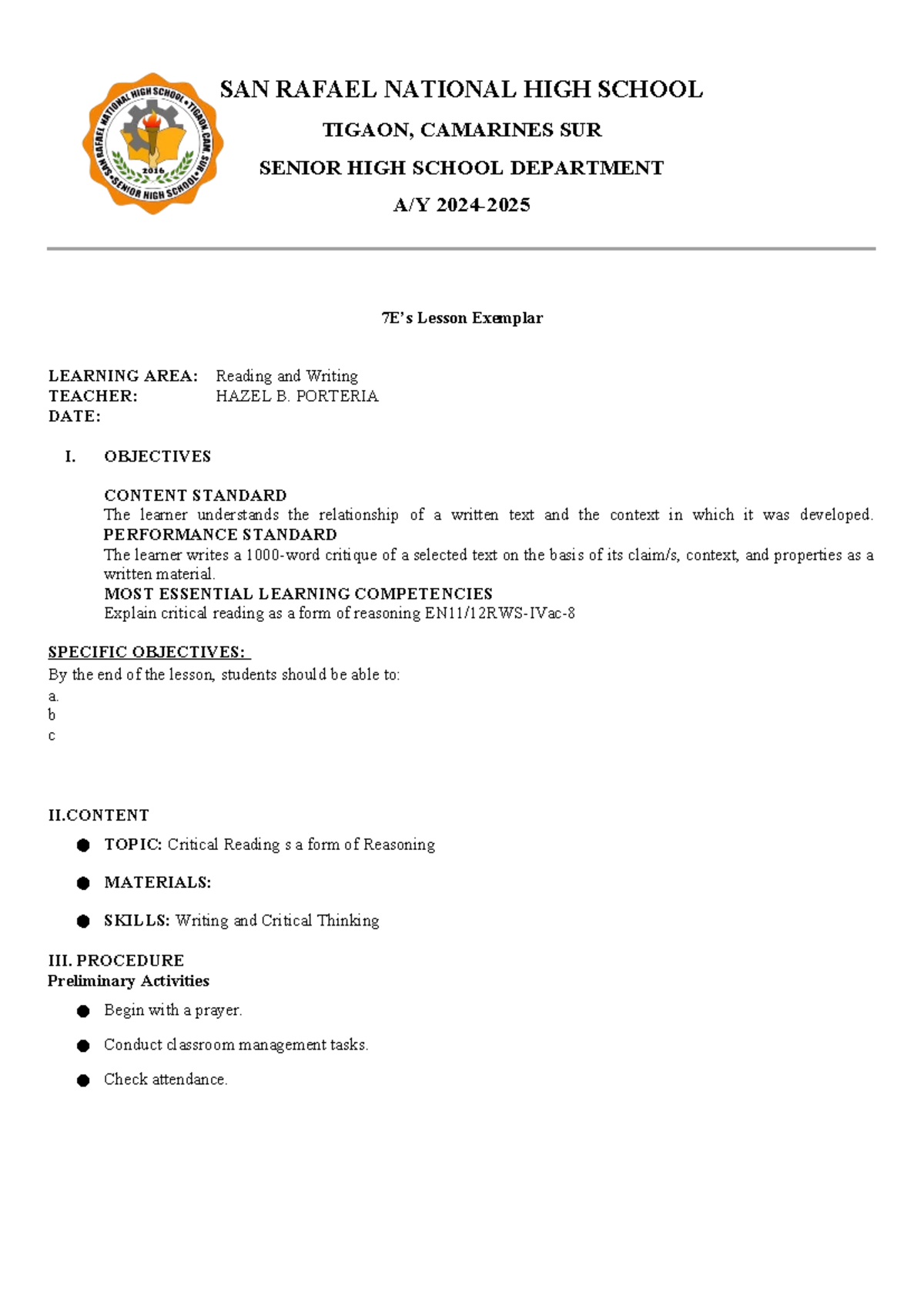 Lesson Exemplar 3 critical reading as a form of reading - SAN RAFAEL ...