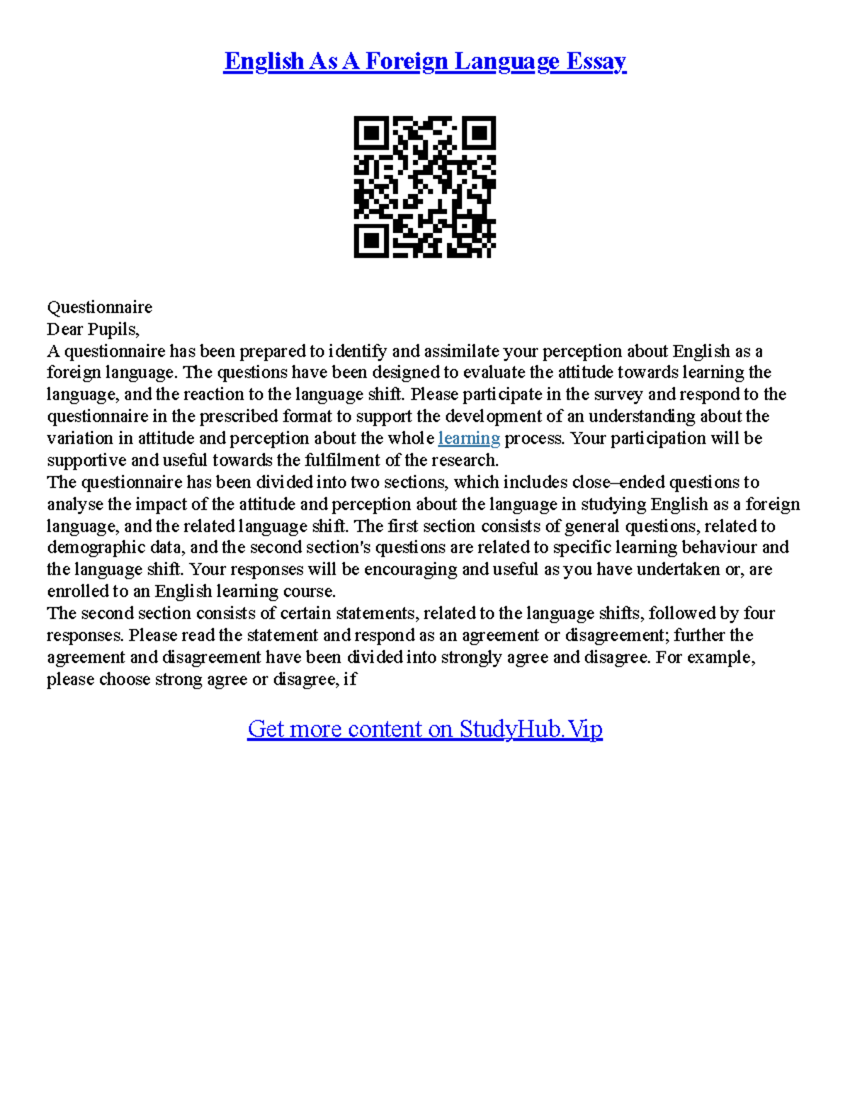 Essays In English - English As A Foreign Language Essay Questionnaire Dear Pupils, A ...