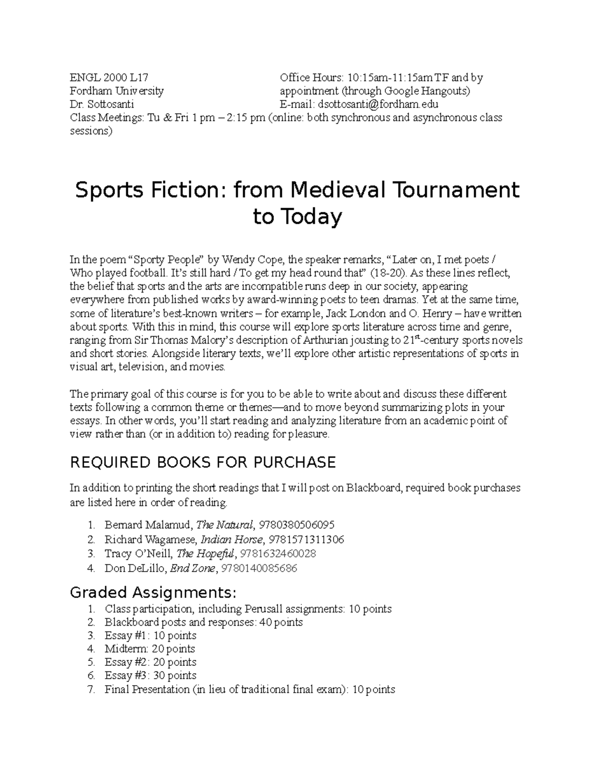 TC Sottosanti ENGL 2000 L17 Sports Fiction Syllabus Fall 2020(1) - ENGL ...
