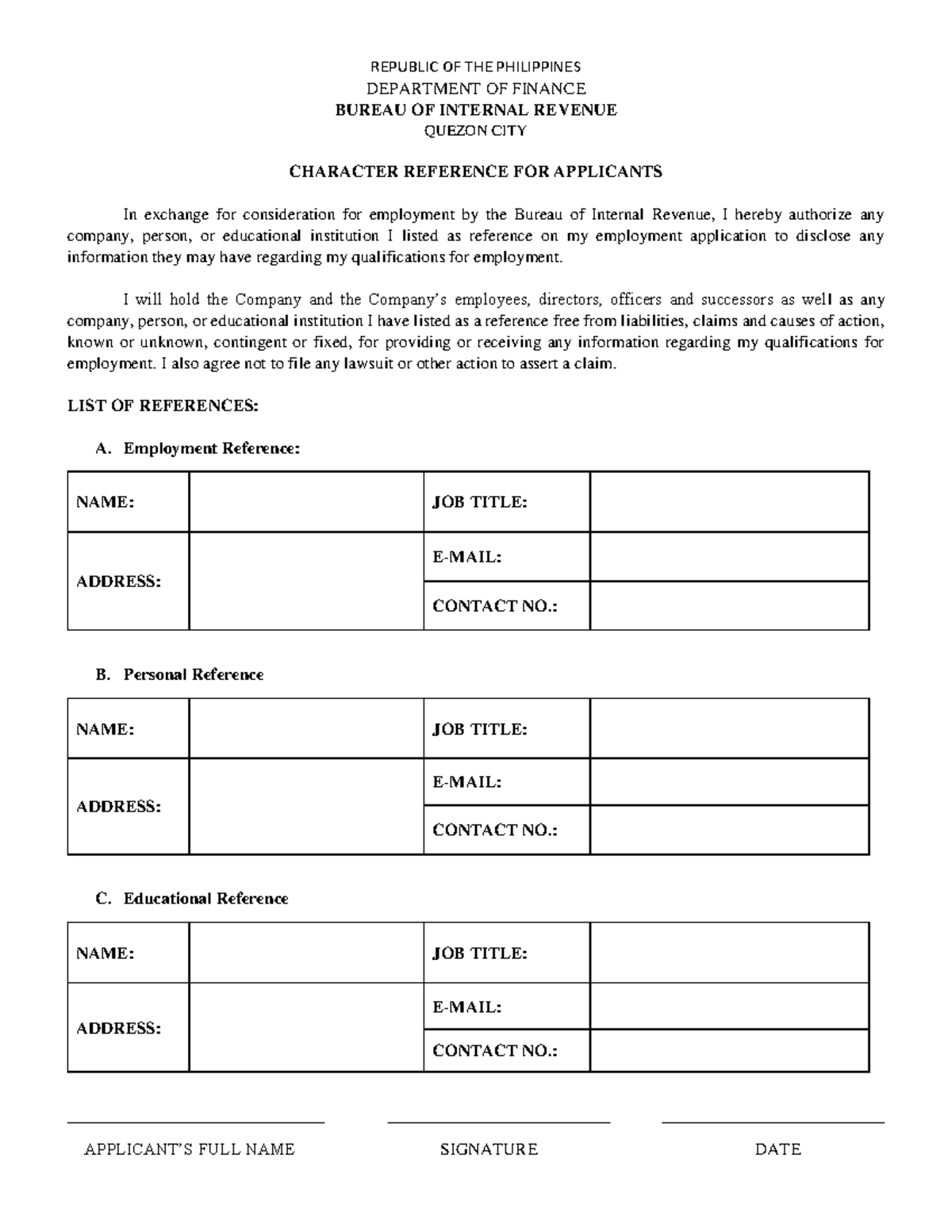 Reference Release for Applicants - REPUBLIC OF THE PHILIPPINES ...