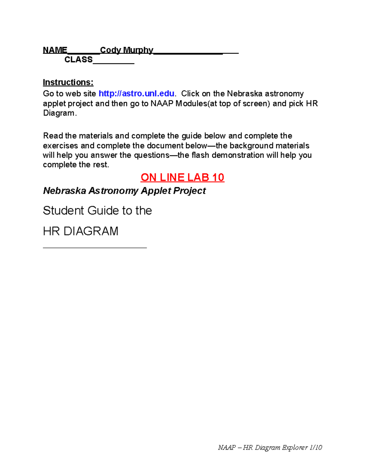 HR diagram-lab online-1 - NAME_______Cody Murphy_______________ CLASS_________ Instructions: Go ...