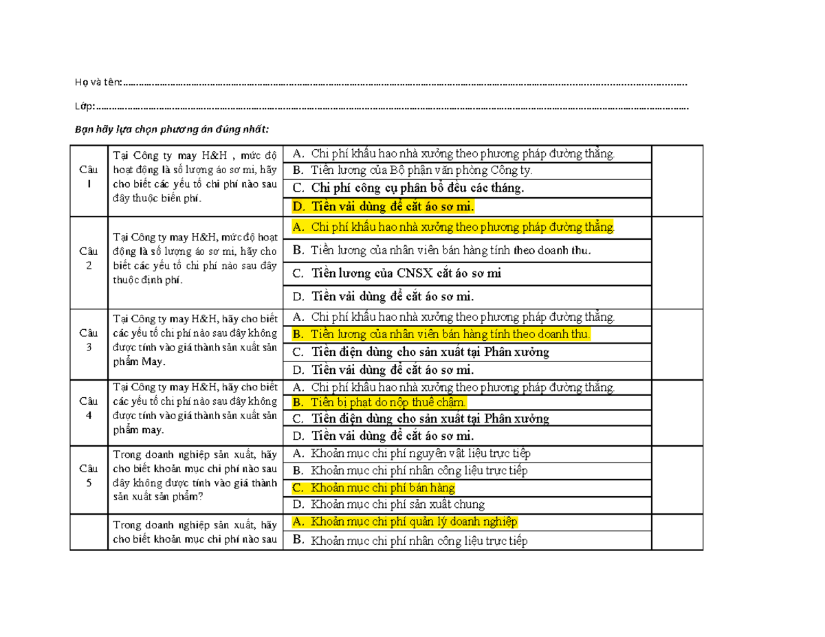 bai tap ke toan quan tri chuong 2 - Họ và - Studocu