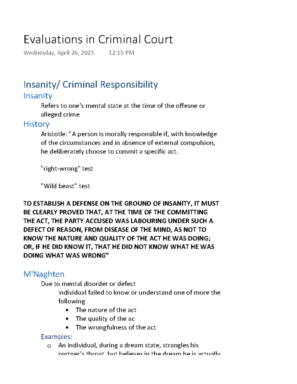 Evaluations in Criminal Court p1 - Insanity/ Criminal Responsibility ...