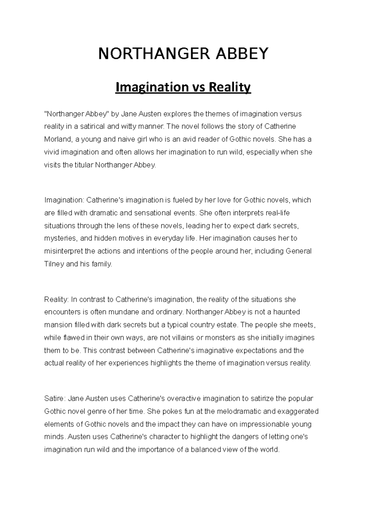 Imagination vs Reality - NORTHANGER ABBEY Imagination vs Reality ...