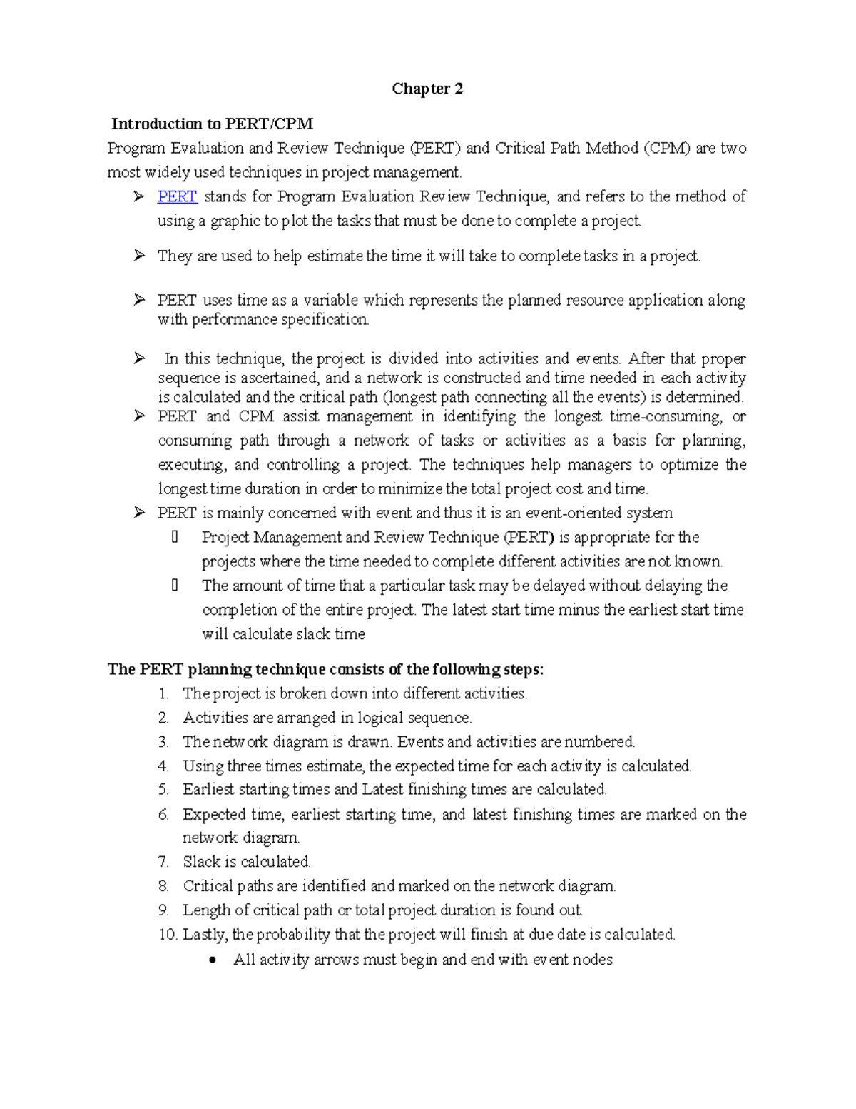 Chapter 2 - Chapter 2 Introduction to PERT/CPM Program Evaluation and Review Technique (PERT ...