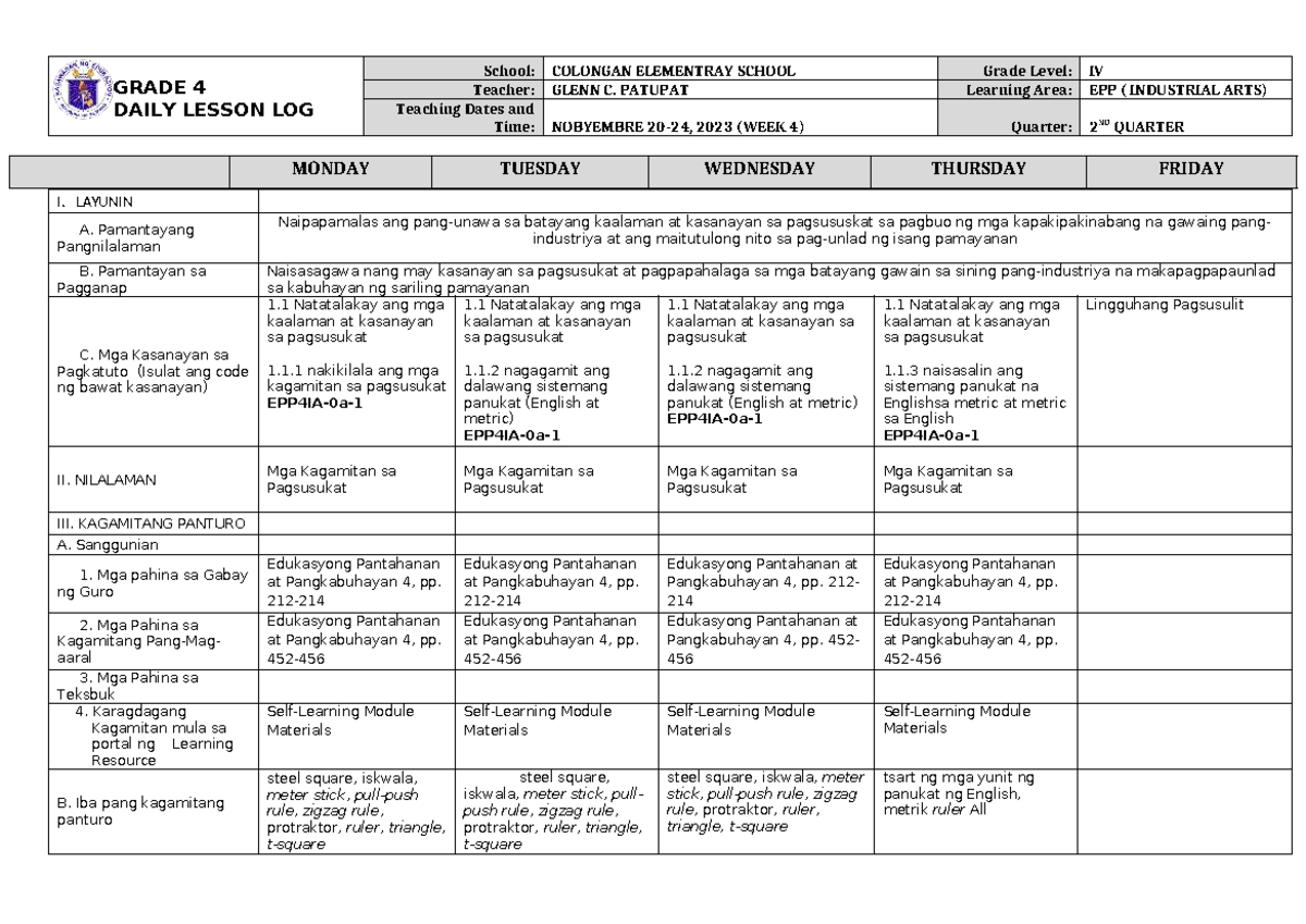 DLL EPP 4 Q3 W1 - DLL - GRADE 4 DAILY LESSON LOG School: COLONGAN ...