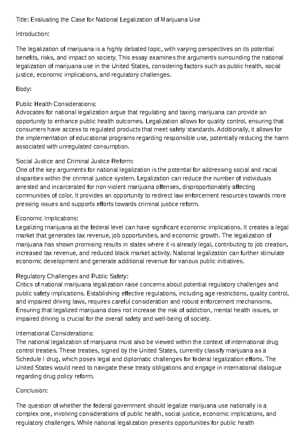 Title Evaluating the Case for National Legalization of Marijuana Use ...