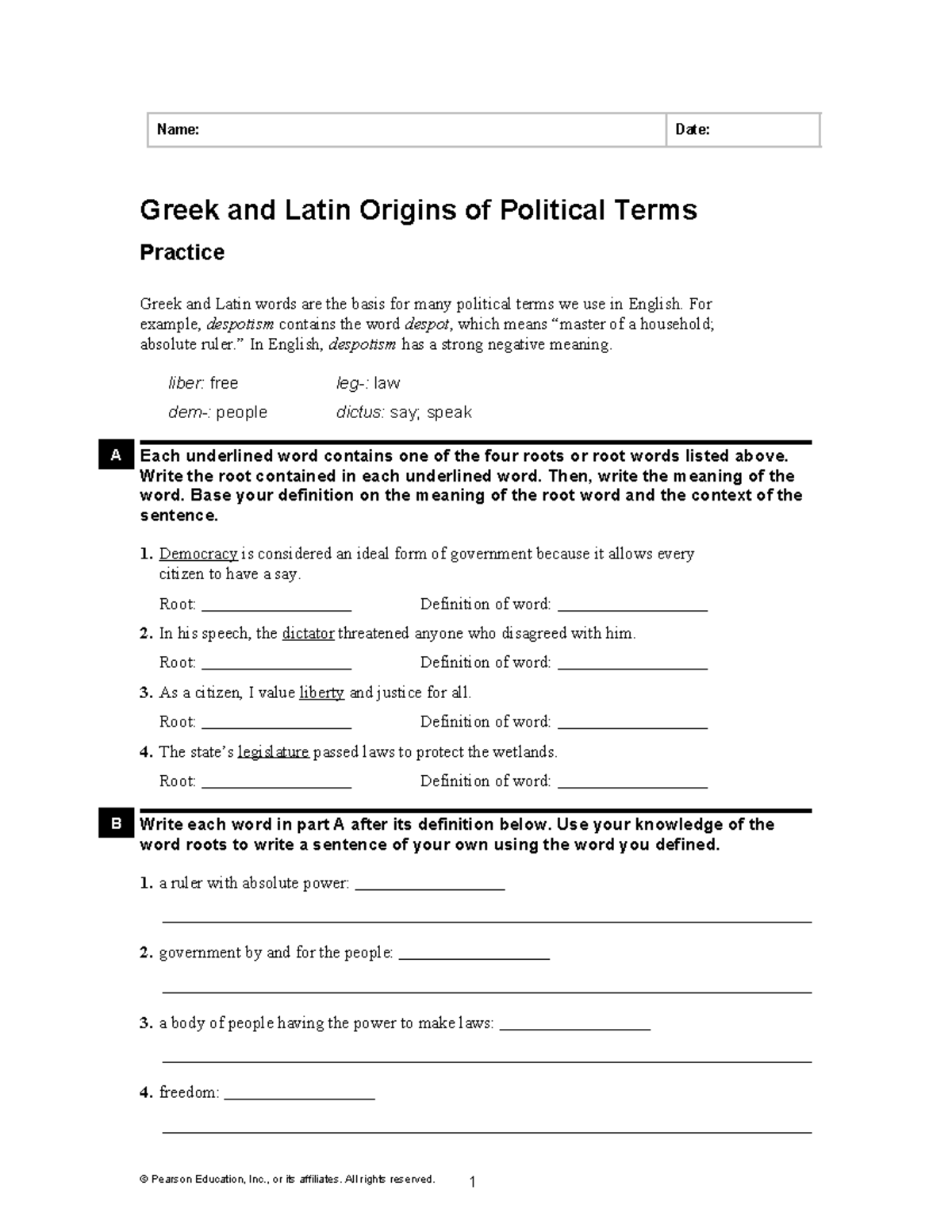 Political Literature - Name: Date: Greek and Latin Origins of Political ...