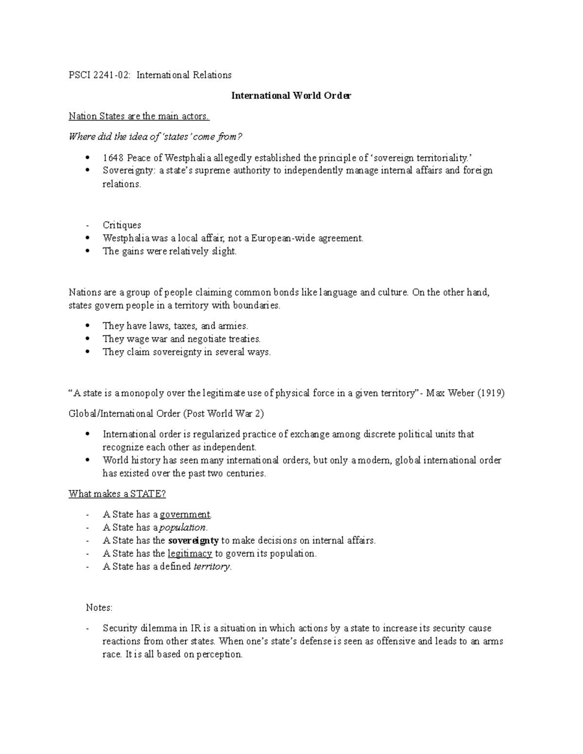 PSCI 2241 notes 1 - The definition of States and additional definitions ...