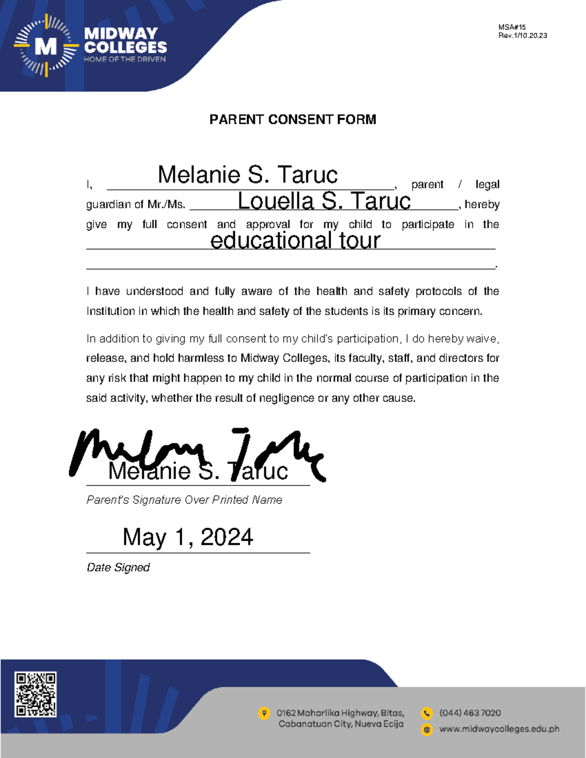 MSA15 Parents Consent Form OSA 2 - MSA# Rev.1/10. PARENT CONSENT FORM I ...