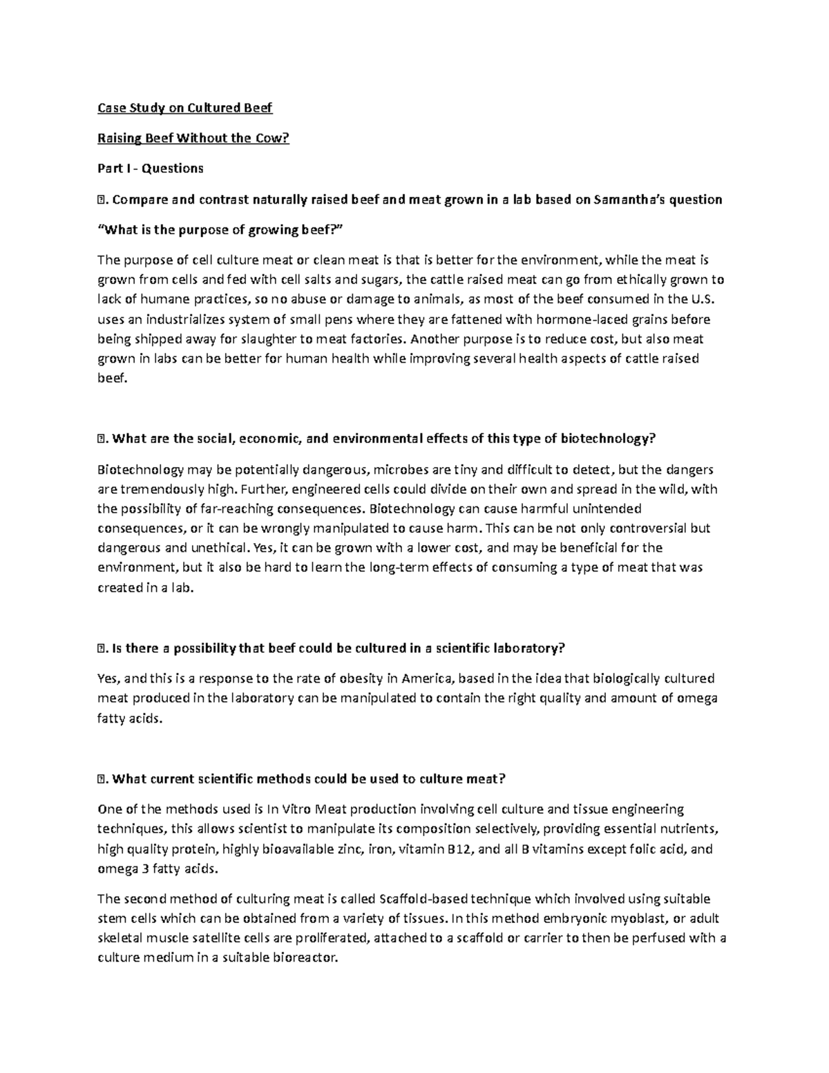 SCI212 Case Study on Cultured Beef - Case Study on Cultured Beef ...