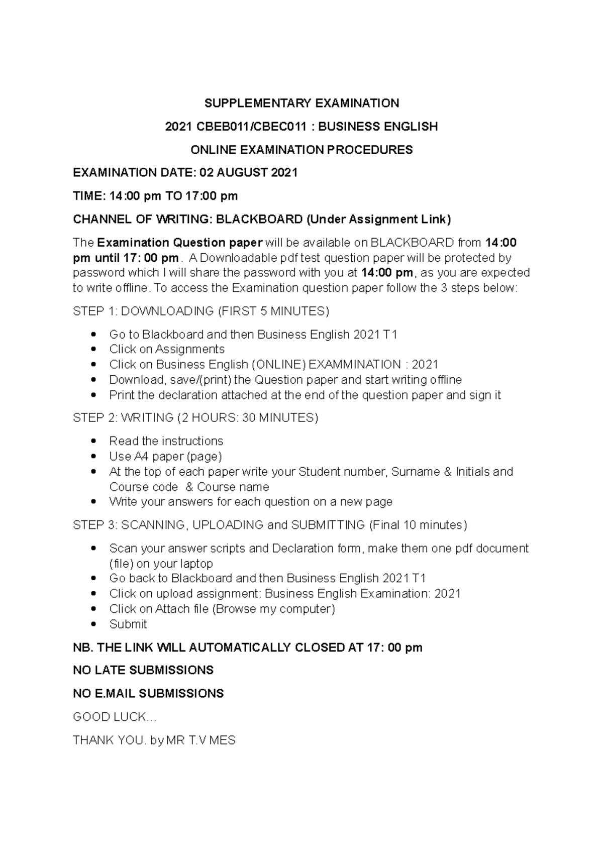 Business English Online Examination Procedures - SUPPLEMENTARY ...