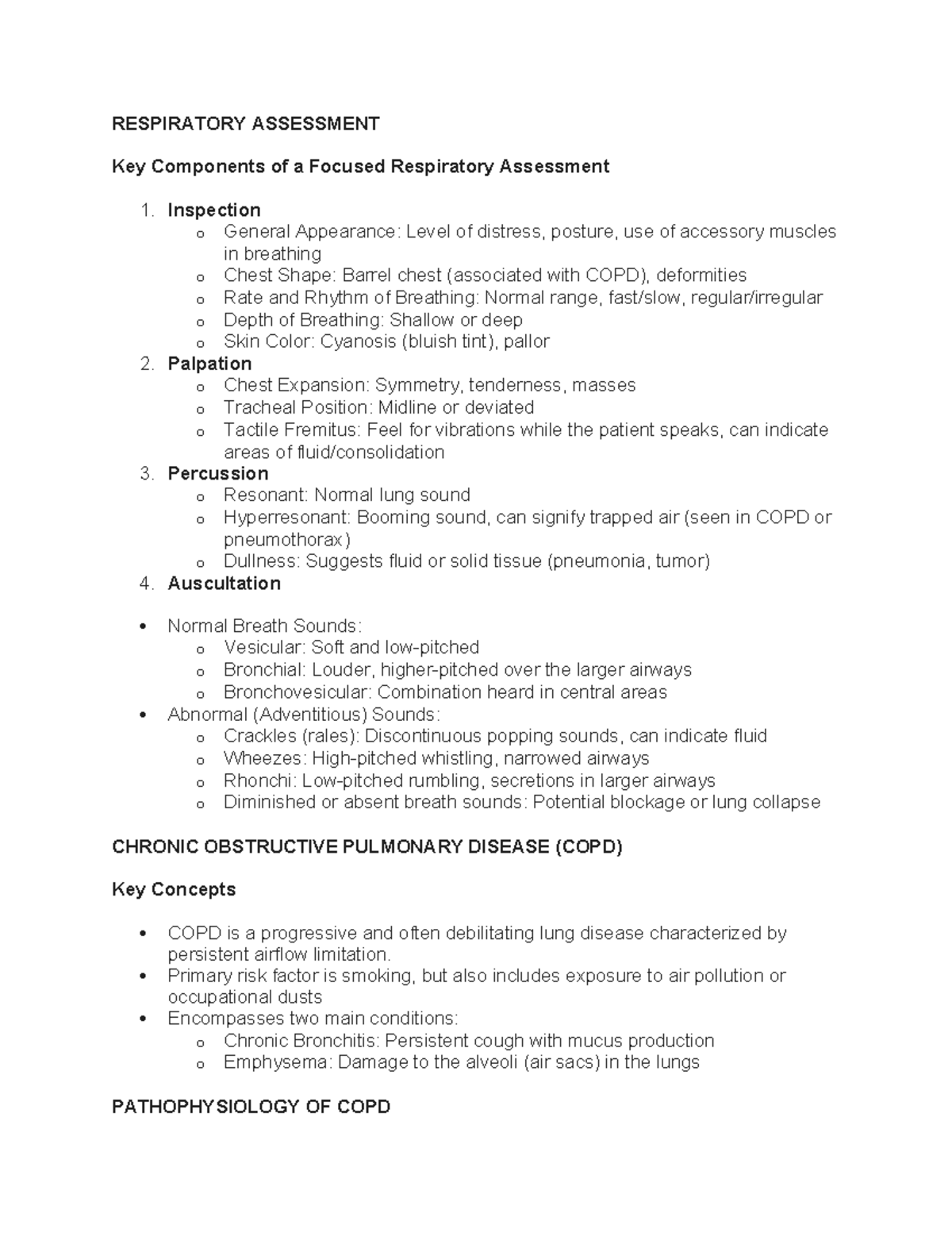 Respiratory - Exam Review - RESPIRATORY ASSESSMENT Key Components of a ...