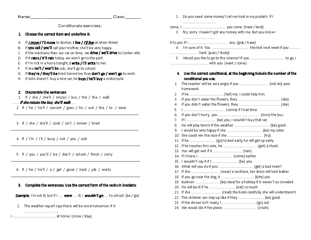 Mixed conditionals exercise - Name:_________________________________________ Class ...