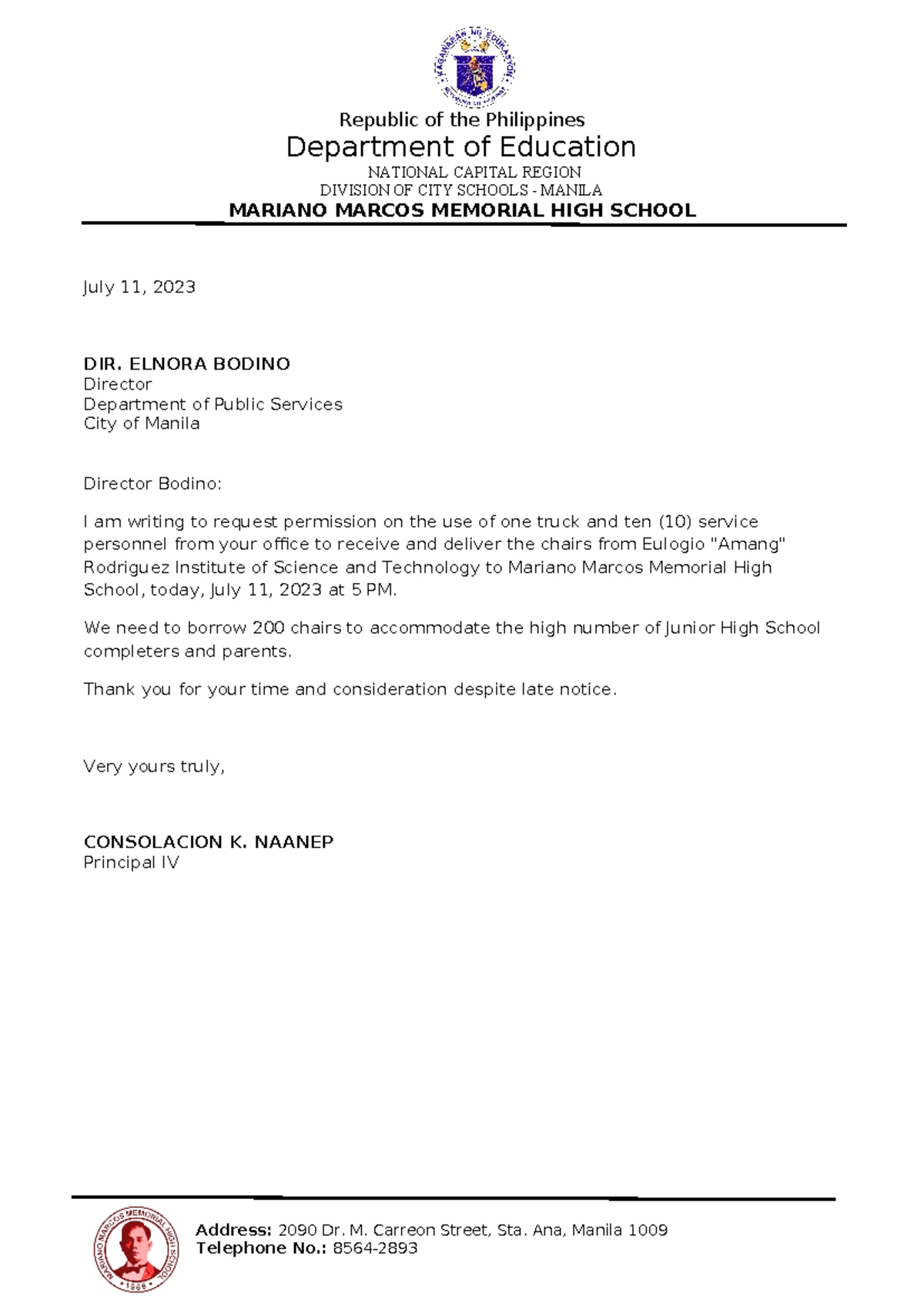 Letter Requesting FOR Logistics DPS - Republic of the Philippines ...