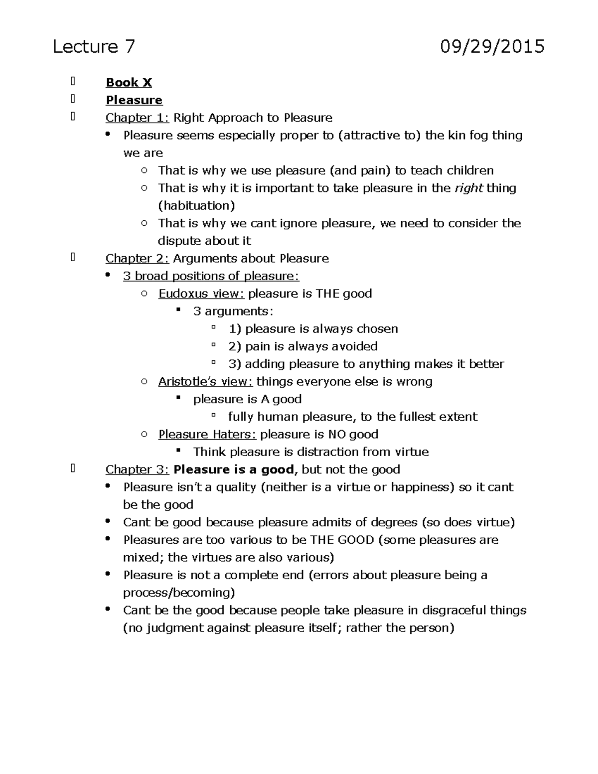 Lecture 7 - Lecture 7 09/29/ Book X Pleasure Chapter 1: Right Approach ...