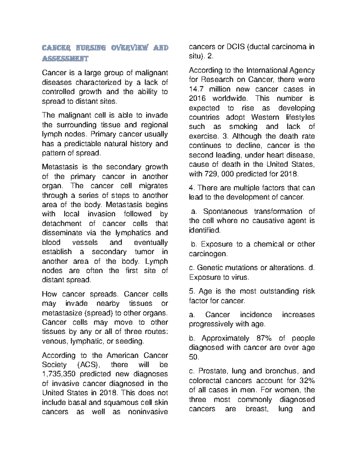 Cancer Overview assessment Lecture notes - Cancer Nursing Overview and ...