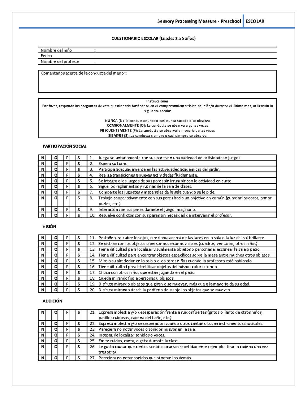 SPM escolar espa Ã±ol 2-5 a Ã±os - Sensory Processing Measure ...