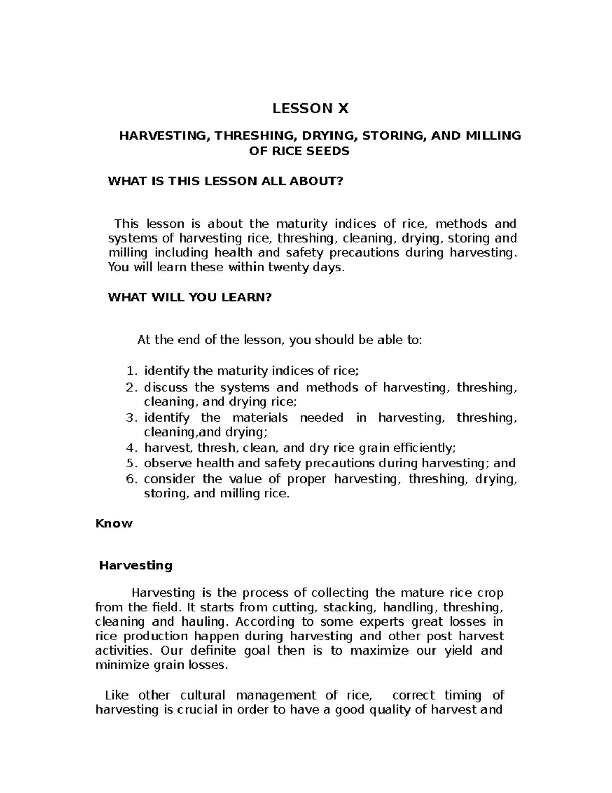 Curriculum Agriculture Lesson X - LESSON X HARVESTING, THRESHING ...