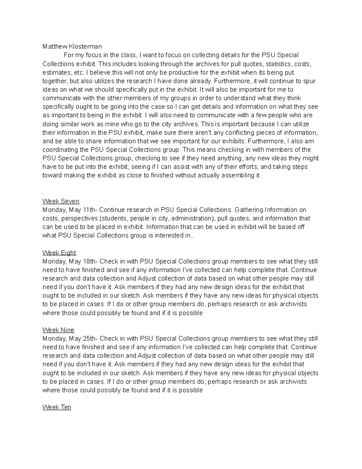 Matthew Klosterman Week plan - Matthew Klosterman For my focus in the ...