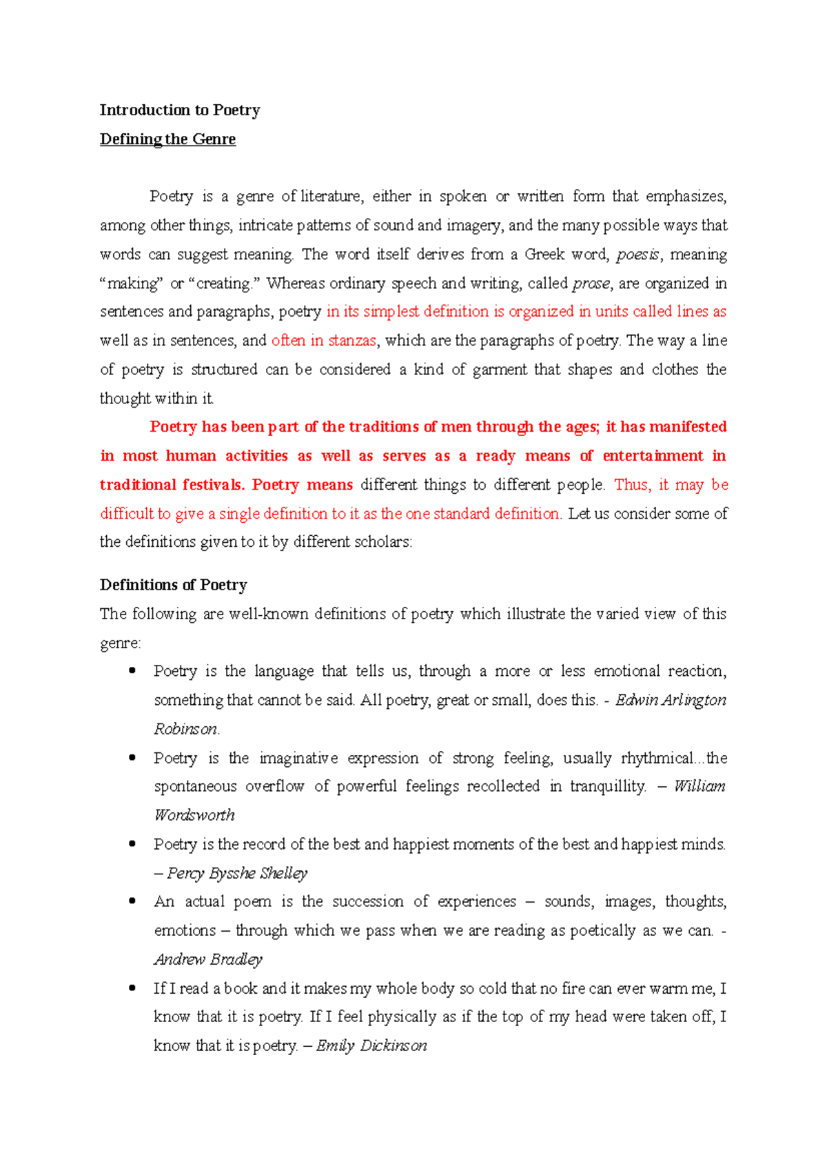 Introduction TO Poetry Notes - Introduction to Poetry Defining the ...