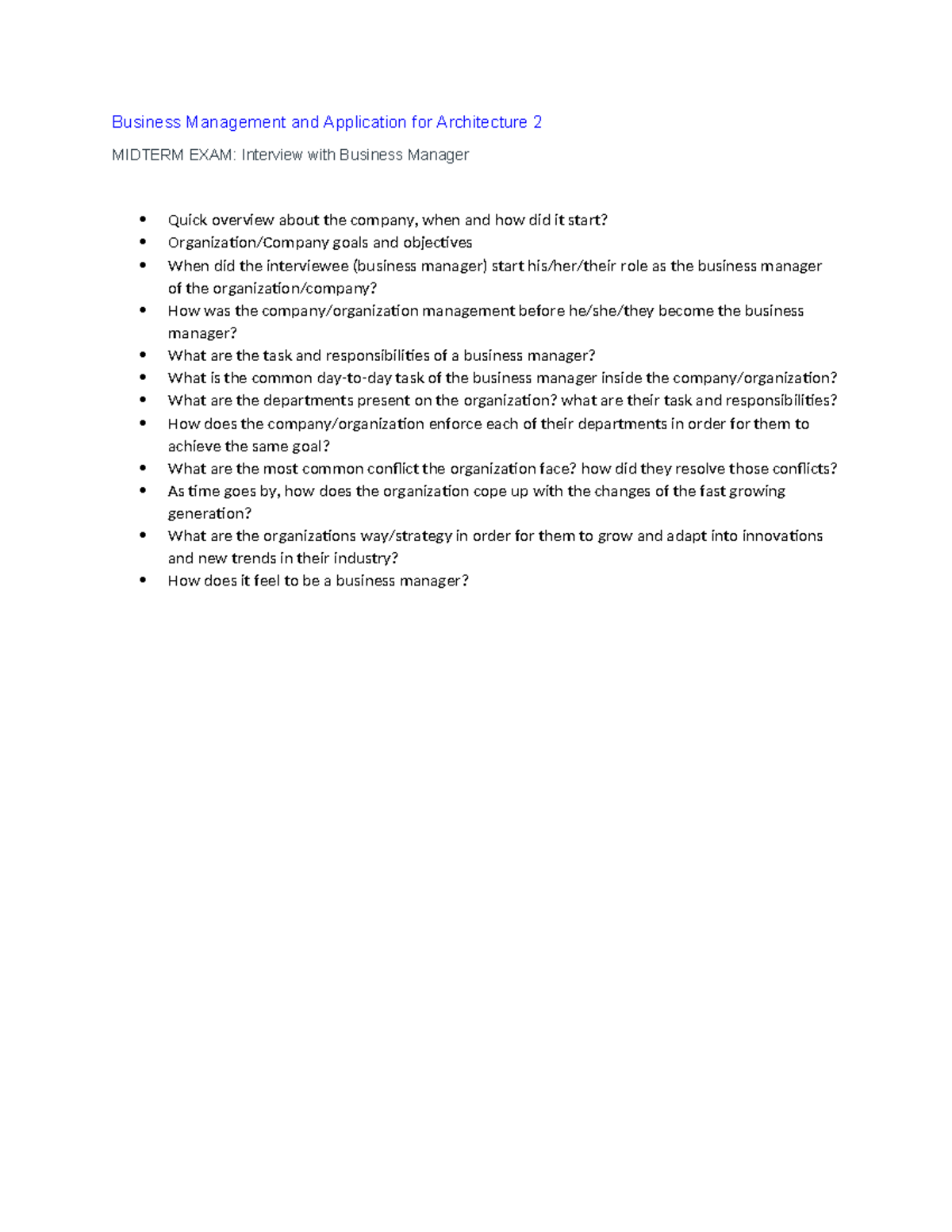 Interview- Questionnaire - Business Management and Application for ...