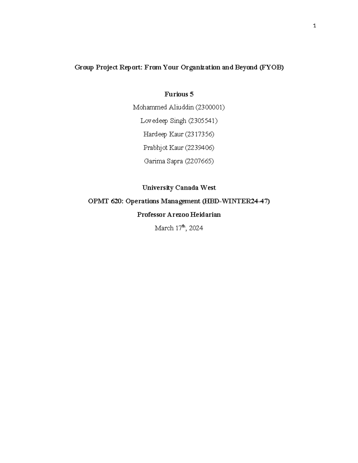 Furious 5 - Group Project Report - Group Project Report: From Your ...
