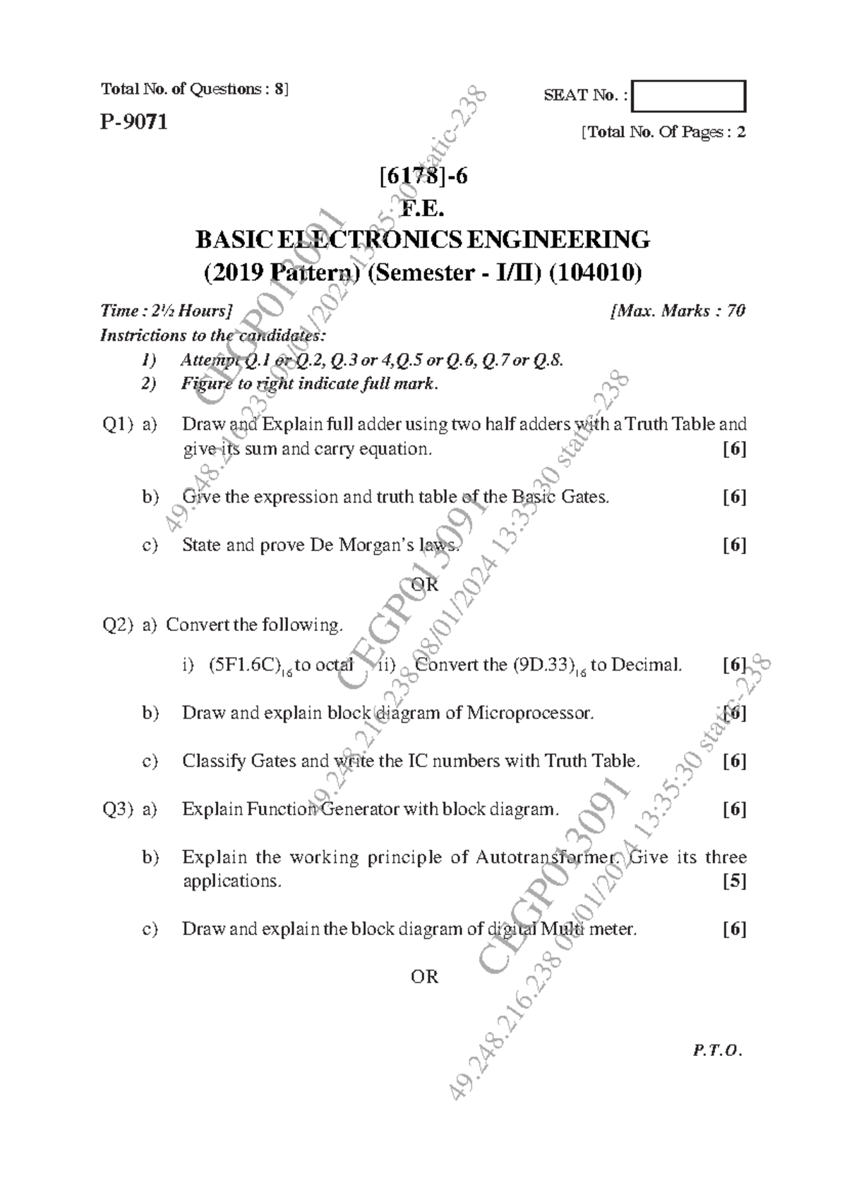 Basic Electronic engineering Question paper - Total No. of Questions : 8] [Total No. Of Pages ...