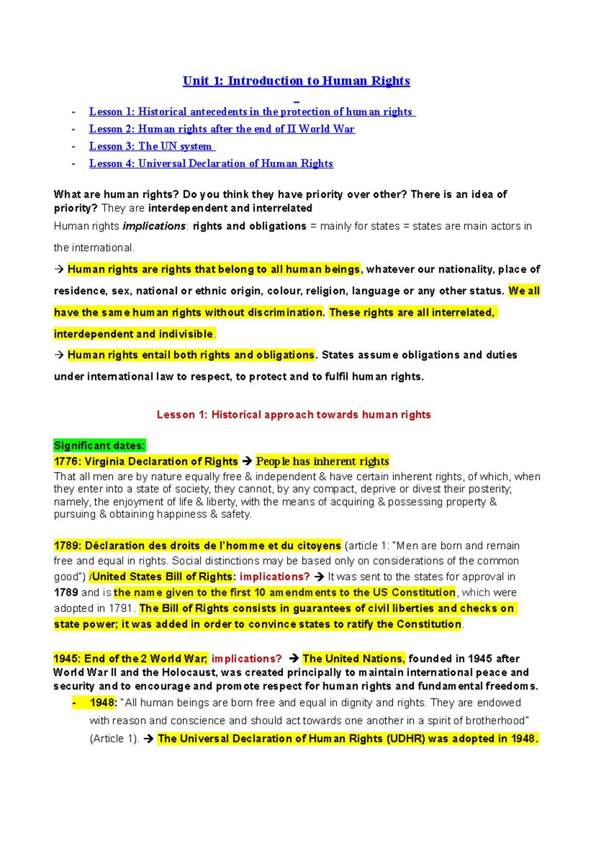 HHRR Examen - Unit 1: Introduction to Human Rights **- Lesson 1 ...