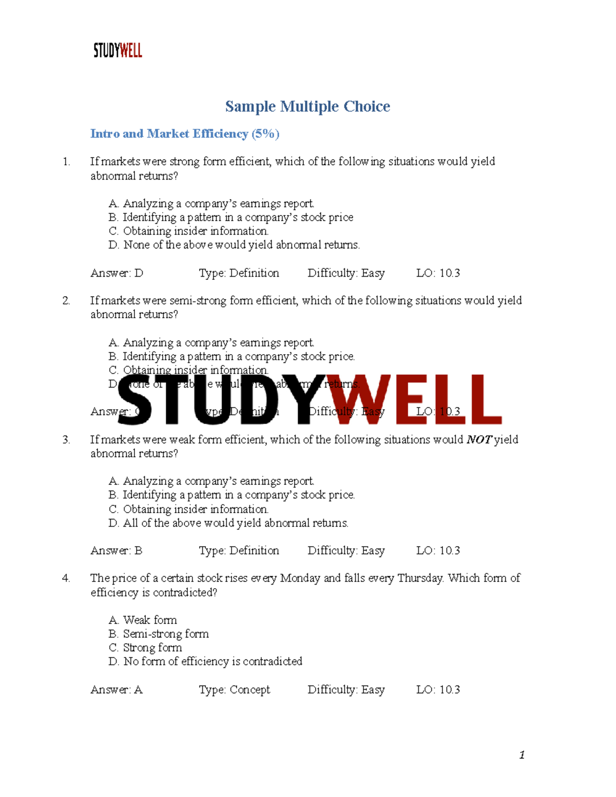 Comm 308 Question Bank - Sample Multiple Choice Intro and Market ...