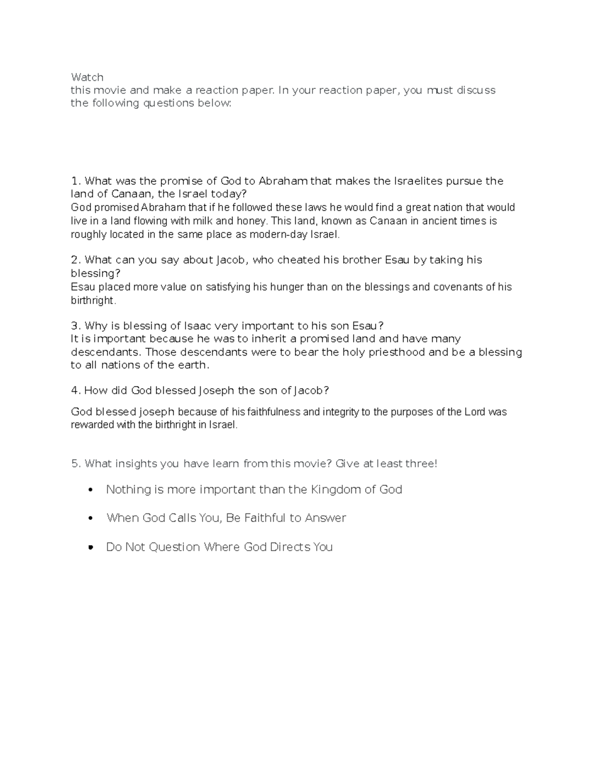 Activity-4b - BIBLICAL STUDIES - Watch this movie and make a reaction ...