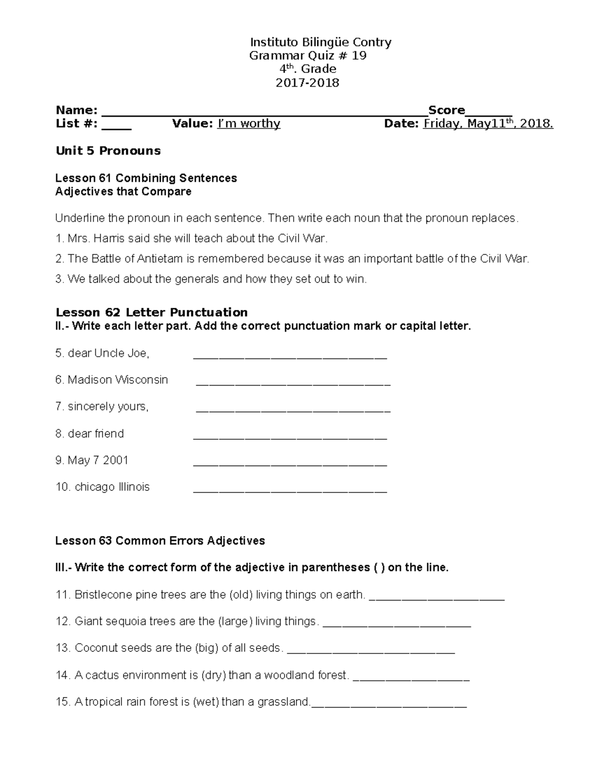 Grammar Quiz #19 - Examen semanal - Instituto Bilingüe Contry Grammar ...