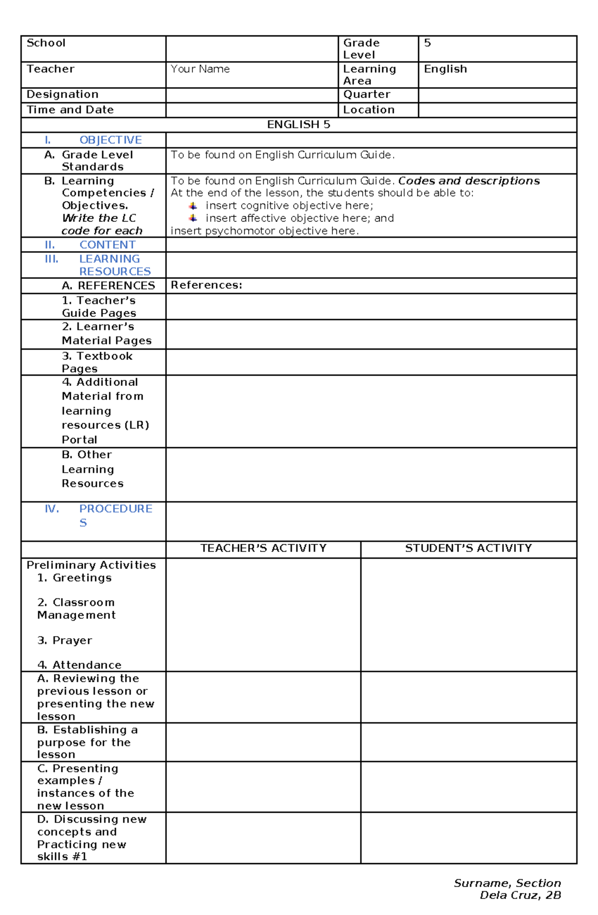 LP-format-2 - School Grade Level 5 Teacher Your Name Learning Area ...