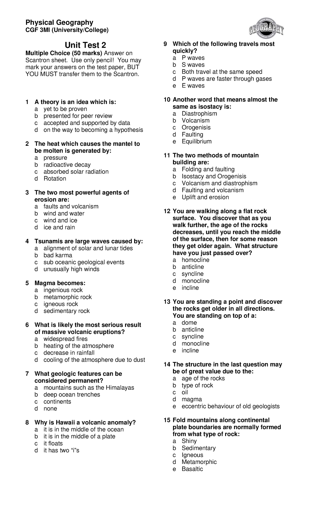 Cgf3m Unit 2 Test 2015 Notess Cgf 3mi Universitycollege Unit Test 2 Multiple Choice 50