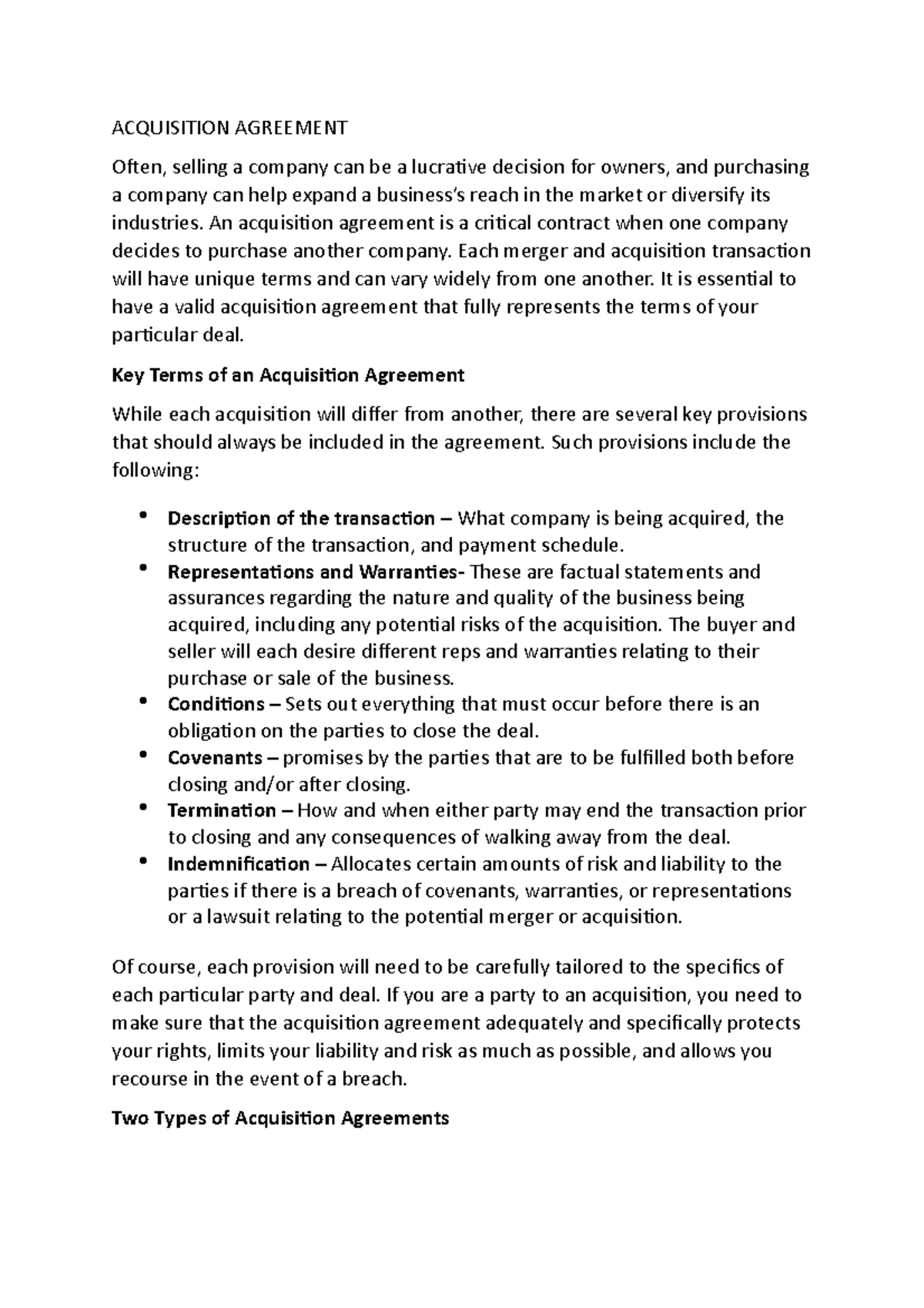 Acquisition Agreement - ACQUISITION AGREEMENT Often, selling a company ...