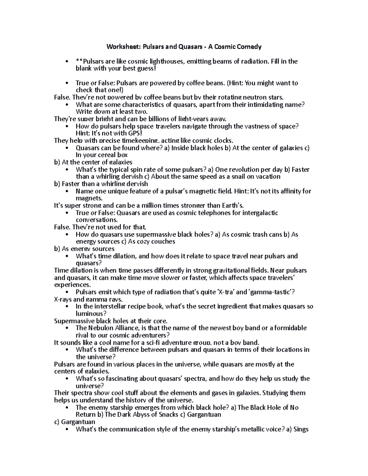 Pulsars and Quasars Worksheet - Worksheet: Pulsars and Quasars - A ...
