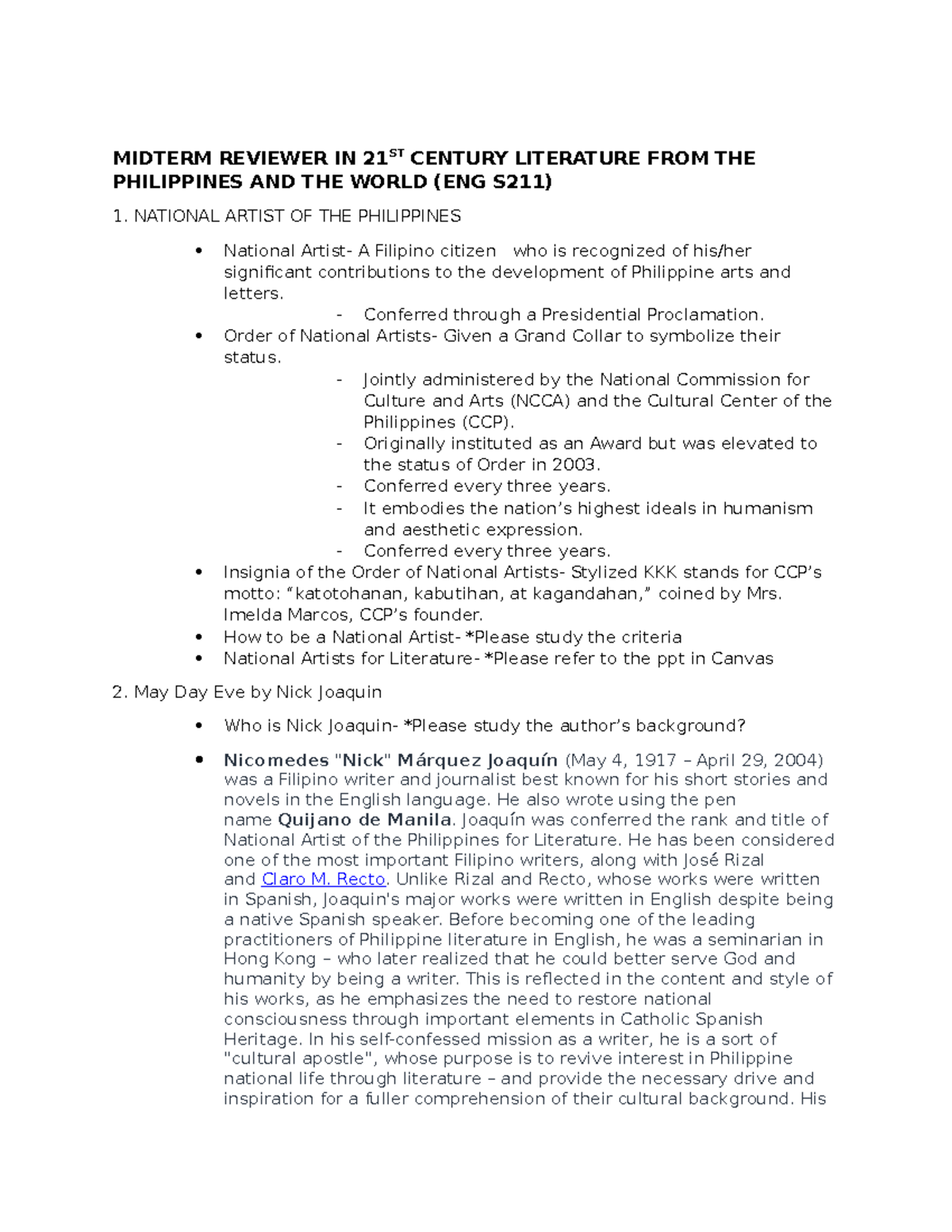 Midterm Reviewer IN 21ST Century Literature FROM THE Philippines AND ...