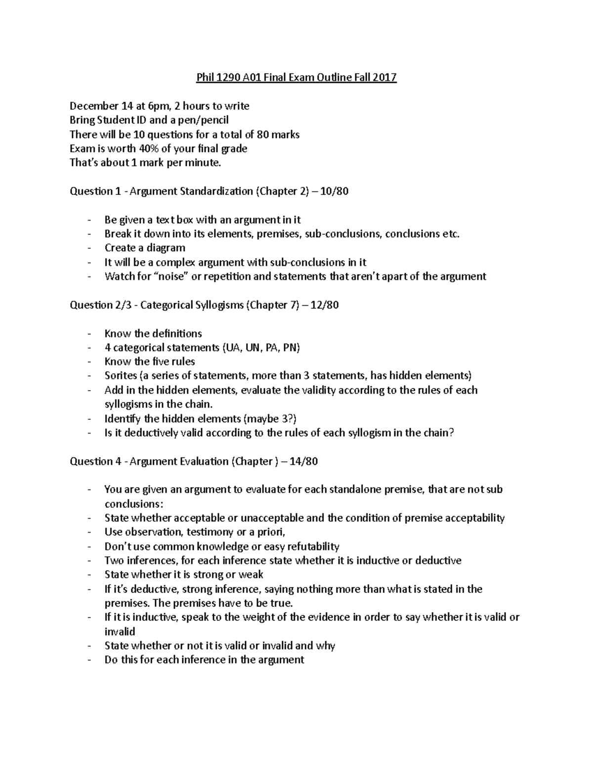 Final Exam Outline Fall 2017 - Question 1 - Argument Standardization ...
