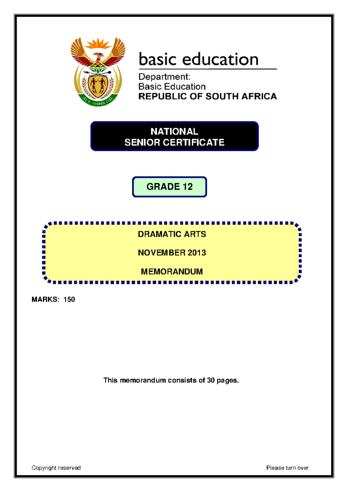 Dramatic arts dbe nsc grade 12 past exam papers 2013 memorandum - MARKS ...