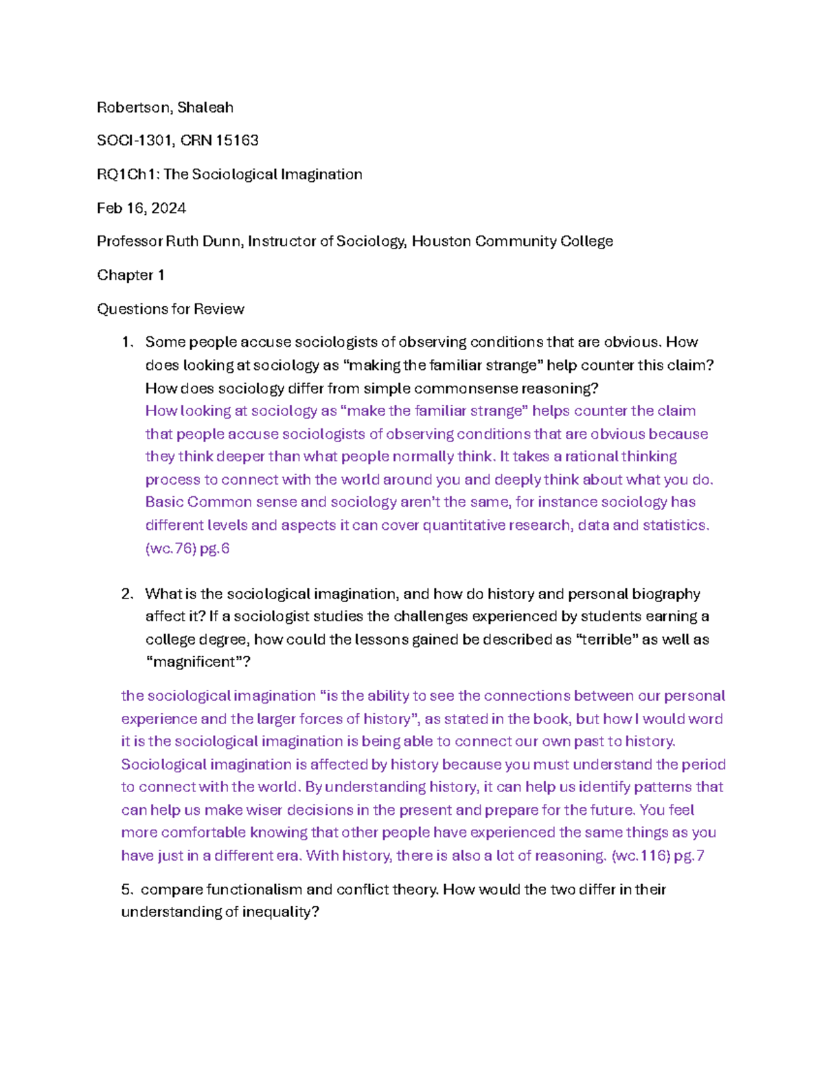 Socioloigal imagination - Robertson, Shaleah SOCI-1301, CRN 15163 ...