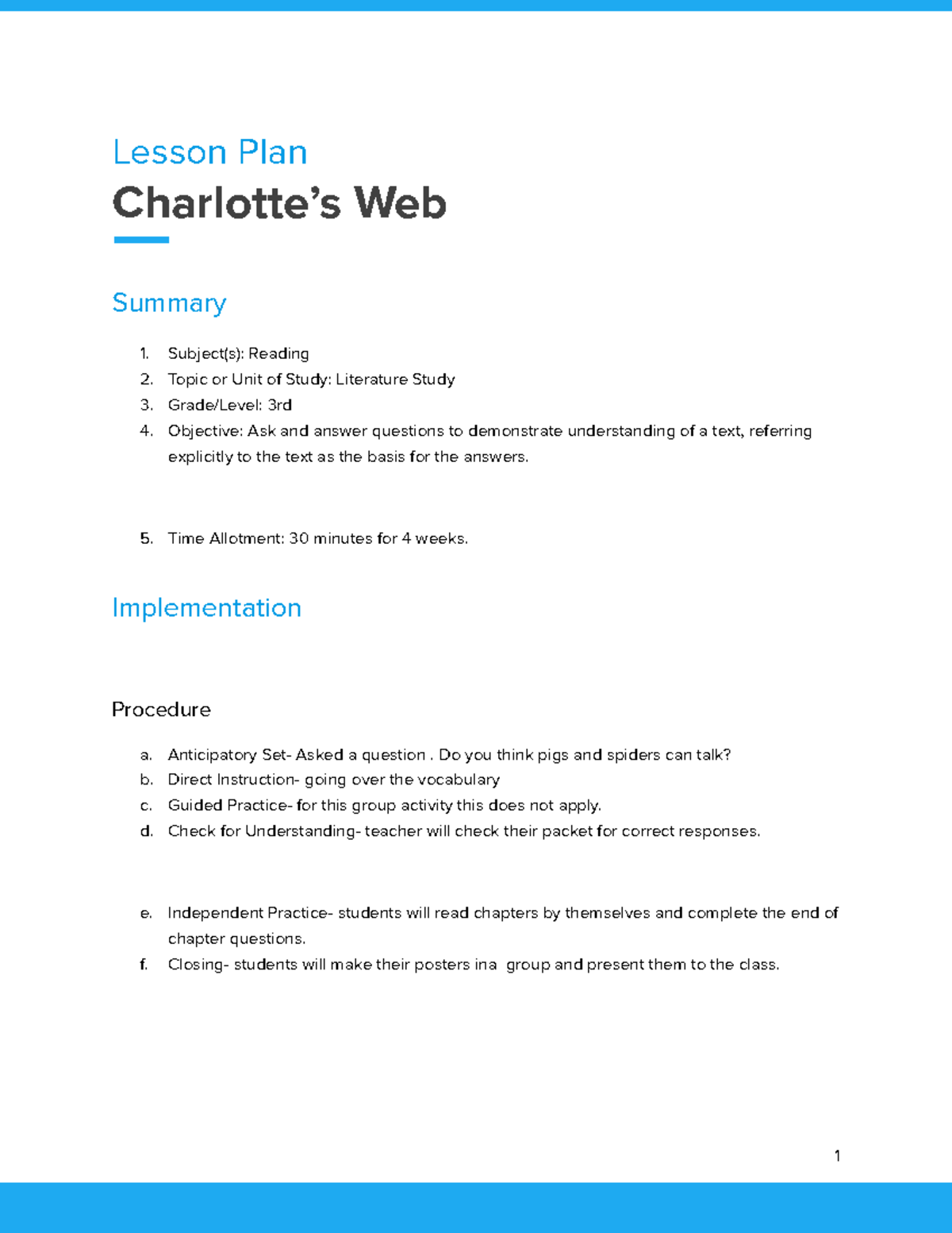 Lesson plan - Lesson Plan Charlotte’s Web Summary Subject(s): Reading ...