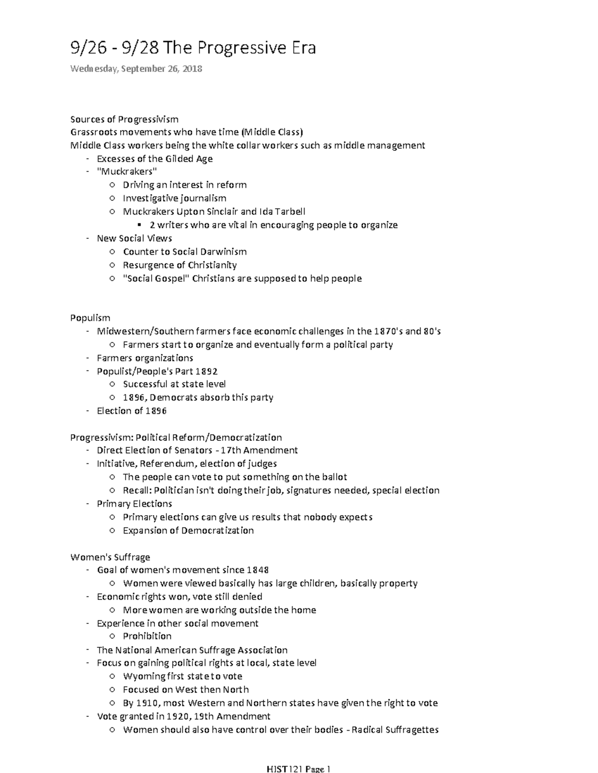 The Progressive Era - Lecture notes 8 - Sources of Progressivism ...