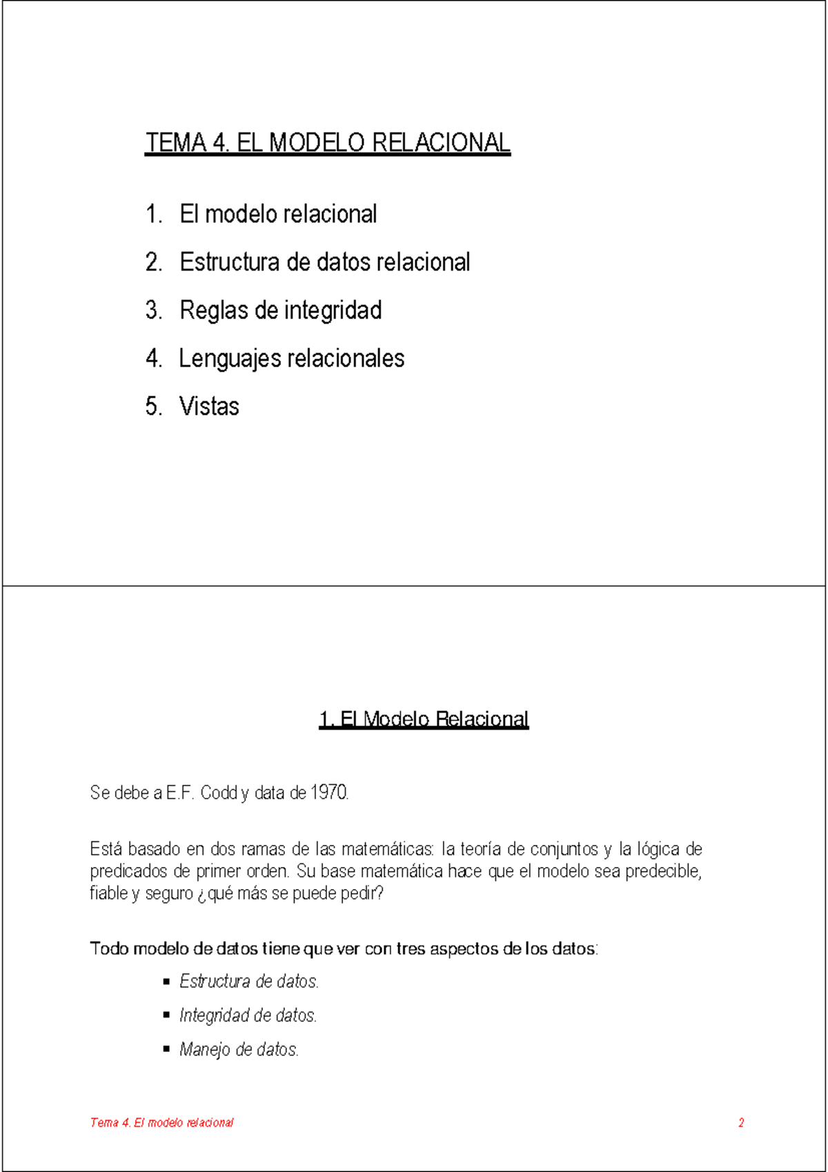 Tema4-Modelo Relacional - TEMA 4. EL MODELO RELACIONAL 1. El modelo relacional 2. Estructura de ...