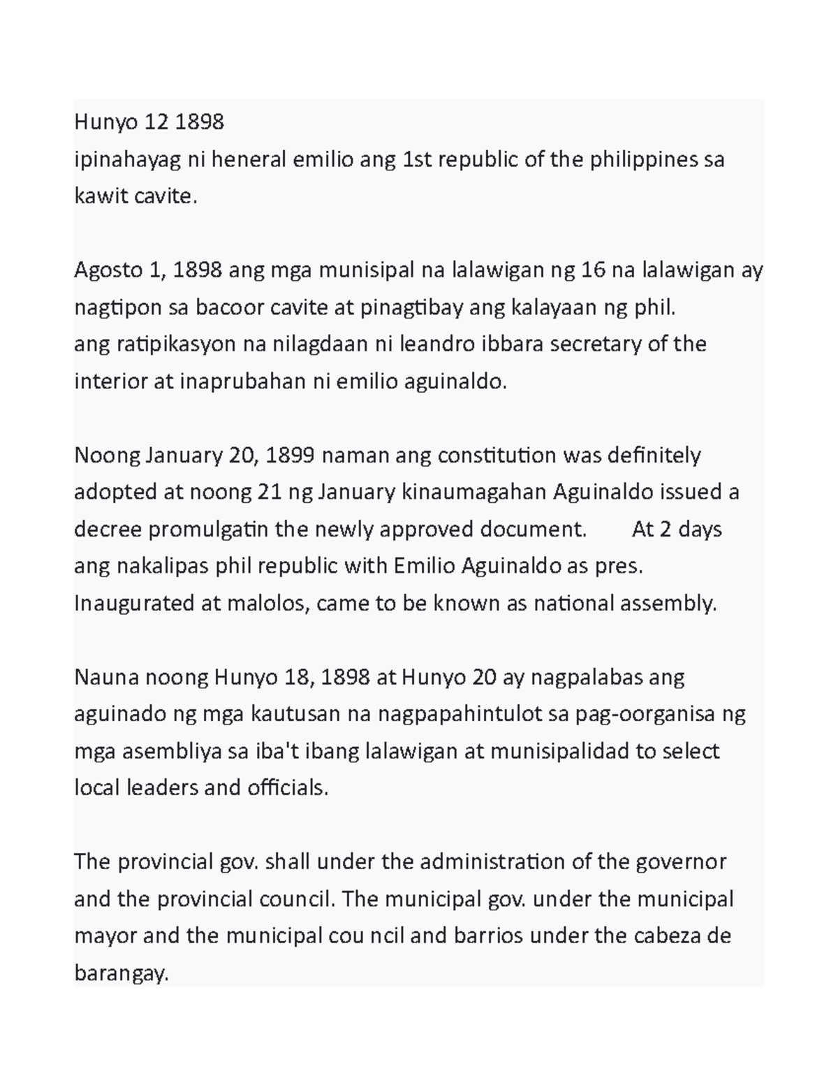 Script - wwww - Hunyo 12 1898 ipinahayag ni heneral emilio ang 1st ...