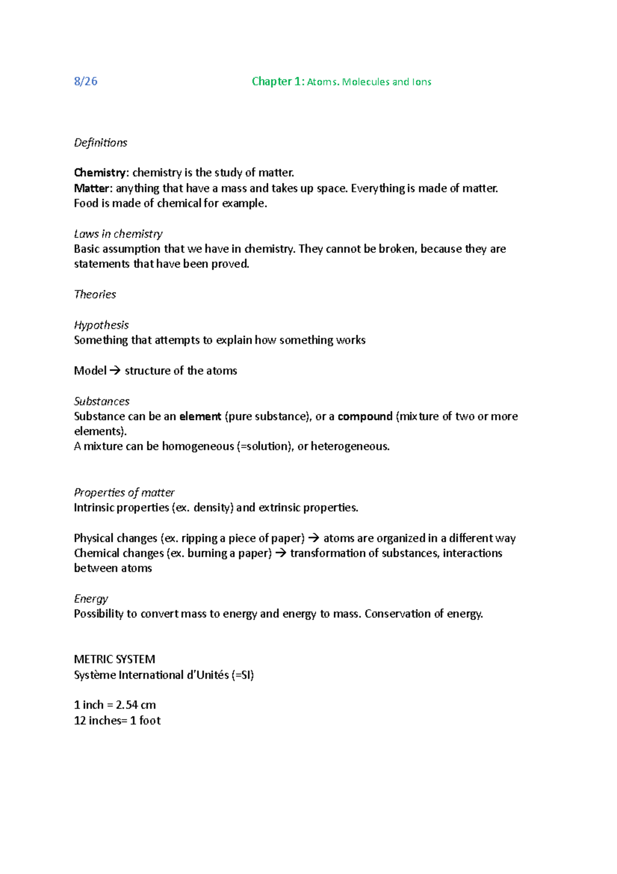 Chapter 1 - Introduction to General Chemistry - 8/26 Chapter 1: Atoms ...