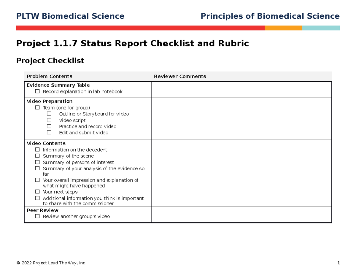 Pbs 117 SV Status Report Rubric - PLTW Biomedical Science Principles of Biomedical Science ...