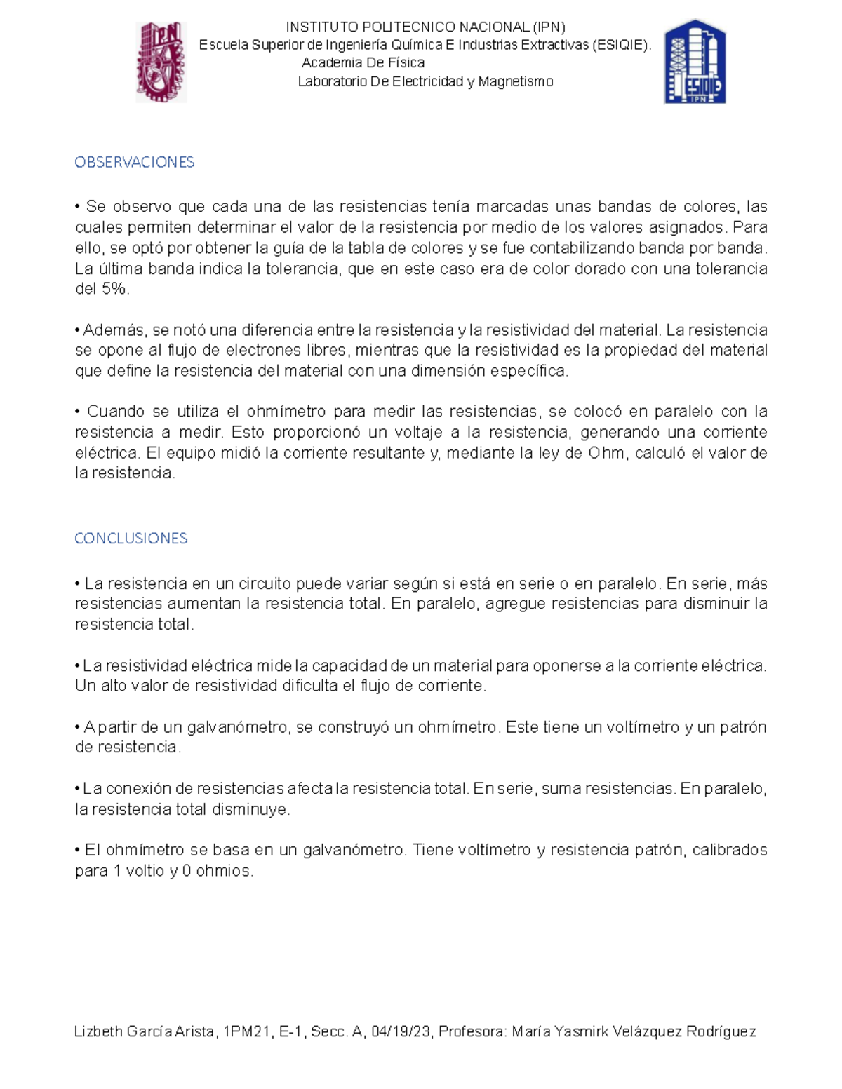 Práctica 2 electricidad y magnetismo - INSTITUTO POLITECNICO NACIONAL (IPN) Escuela Superior de ...