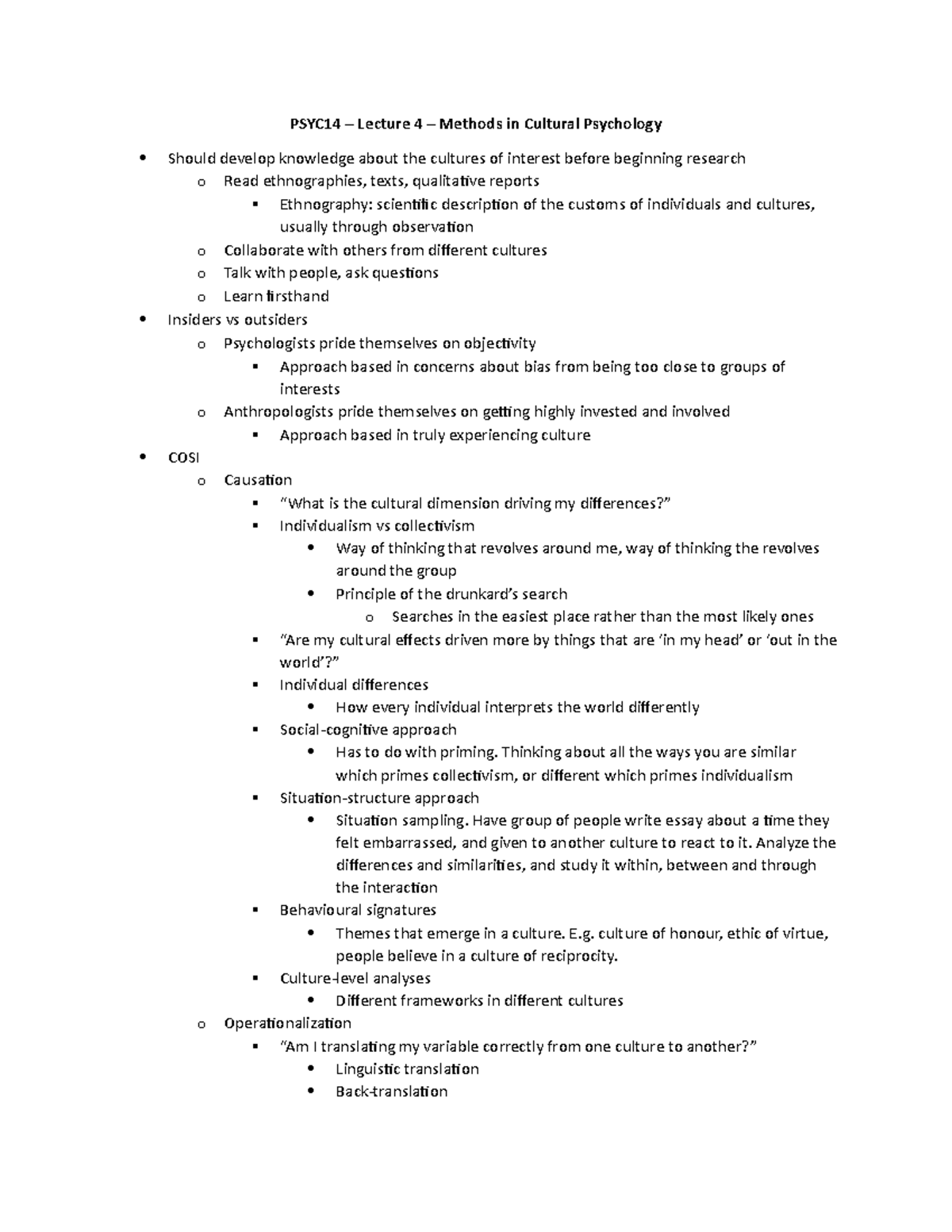 Lec4 - Methods in Cultural Psychology - PSYC14 – Lecture 4 – Methods in Cultural Psychology ...